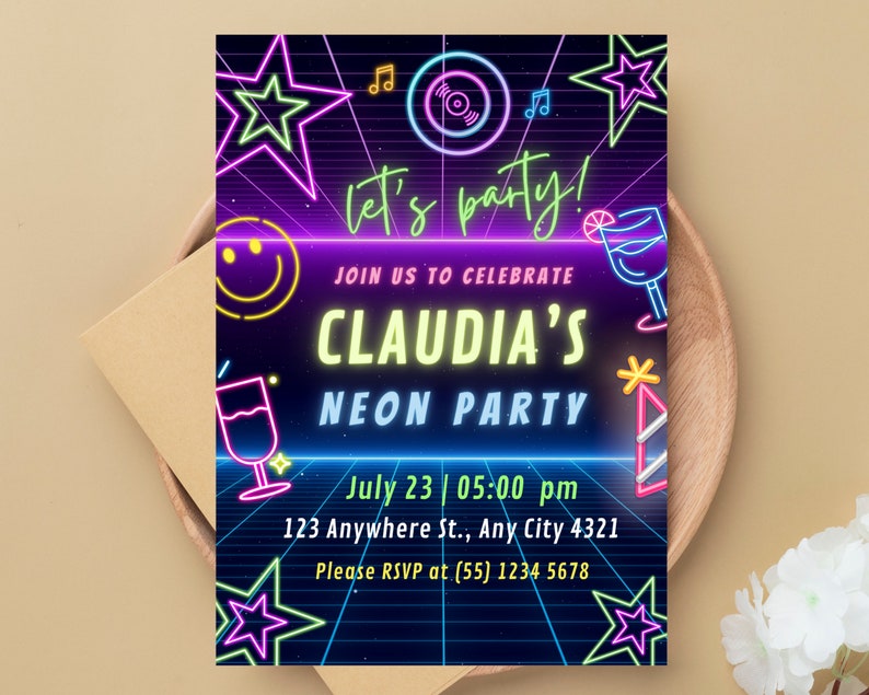 Neon Birthday Party Invitation, Editable Neon Glow Party Invite ...