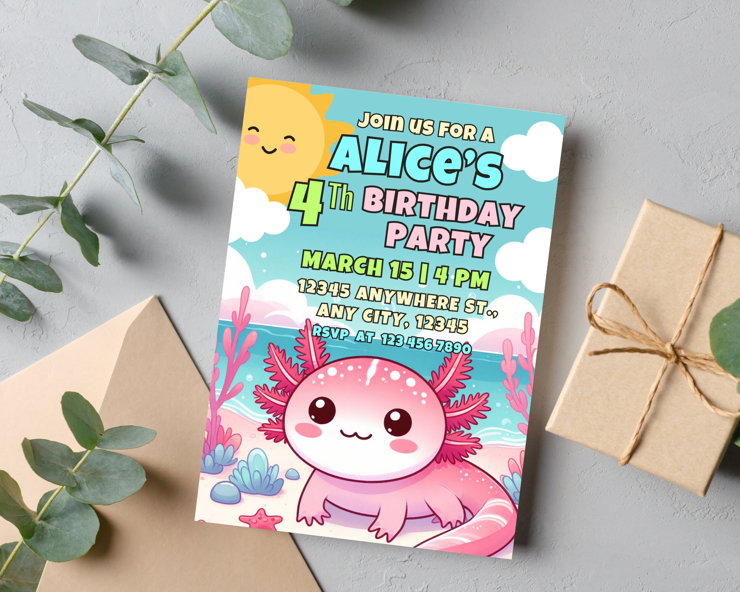 Axolotl Birthday Invitation, Editable Axolotl Birthday Invitation ...