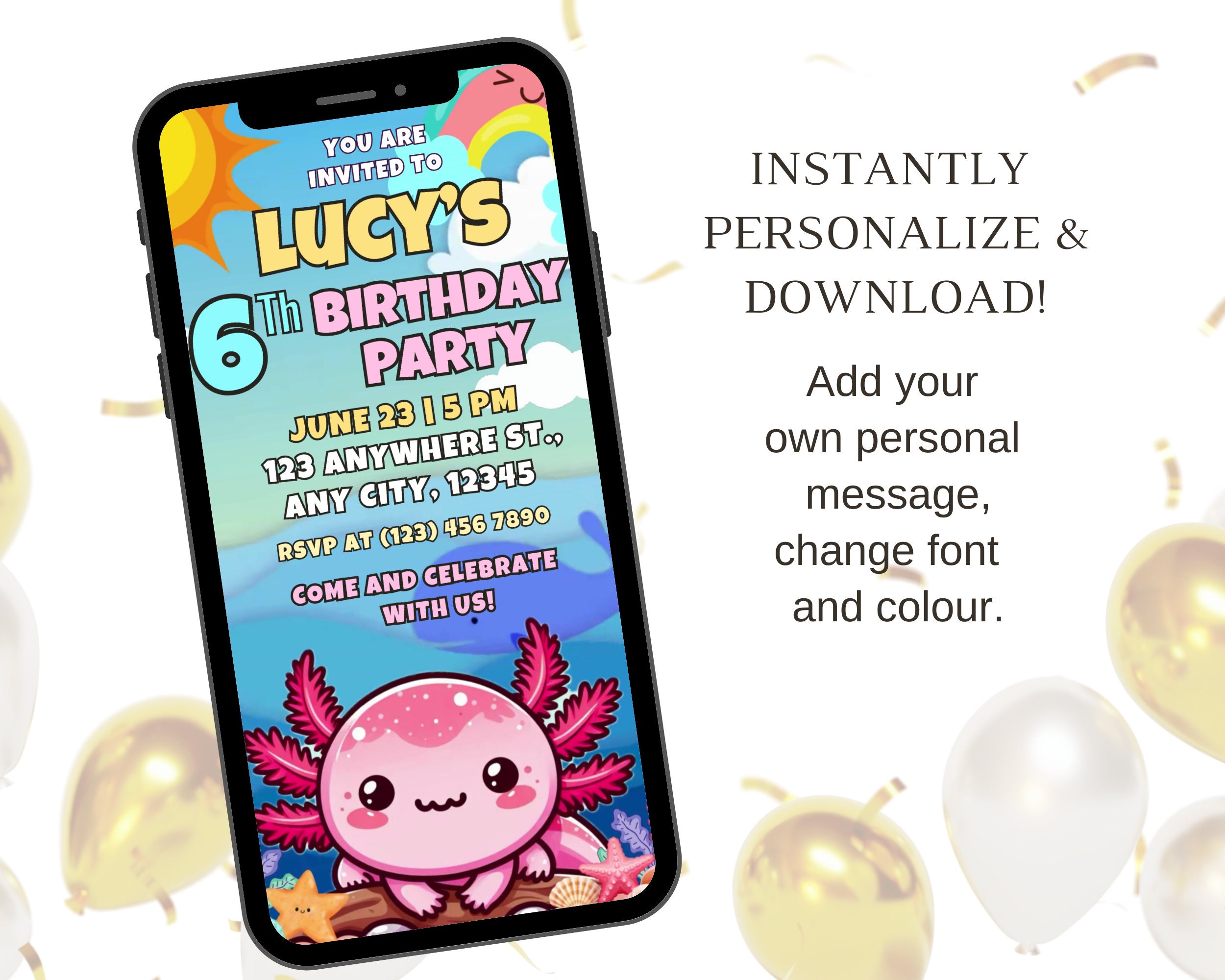 Axolotl Birthday Video Invitation, Digital Axolotl Birthday Video Evite ...