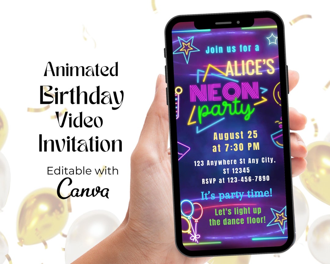 Neon Birthday Party Video Invitation, Editable Neon Glow Party Invite ...