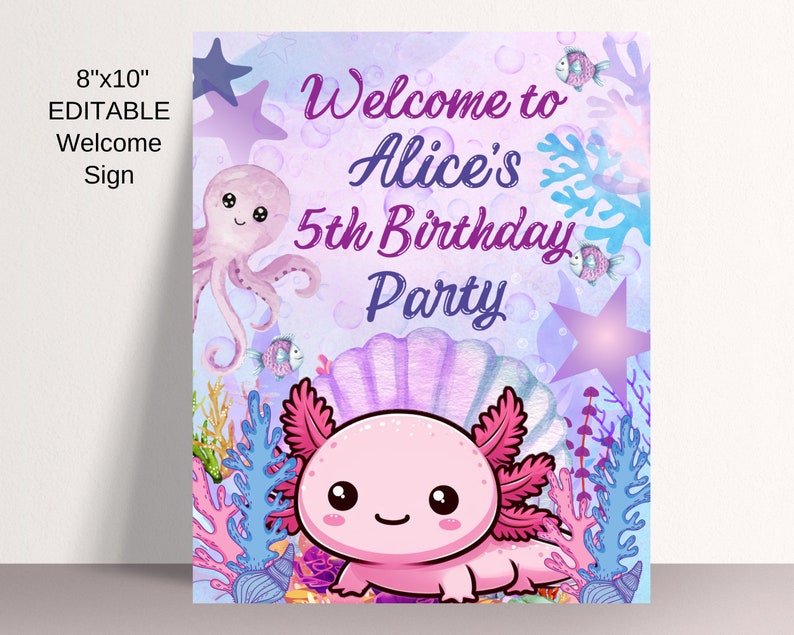Axolotl Birthday Party Welcome Sign: Editable Pink Design (digital ...