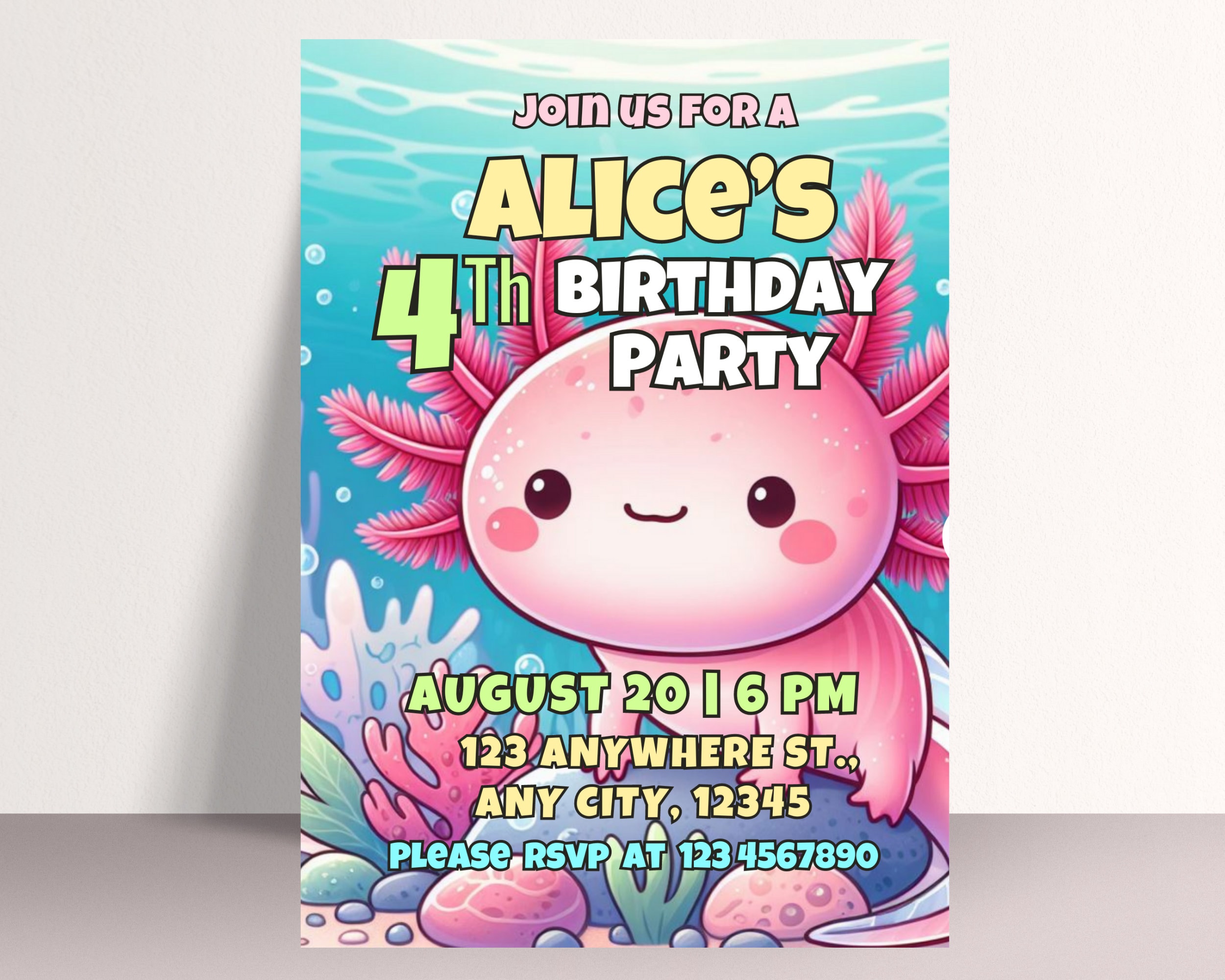 Axolotl Birthday Invitation, Editable Axolotl Birthday Party Template ...
