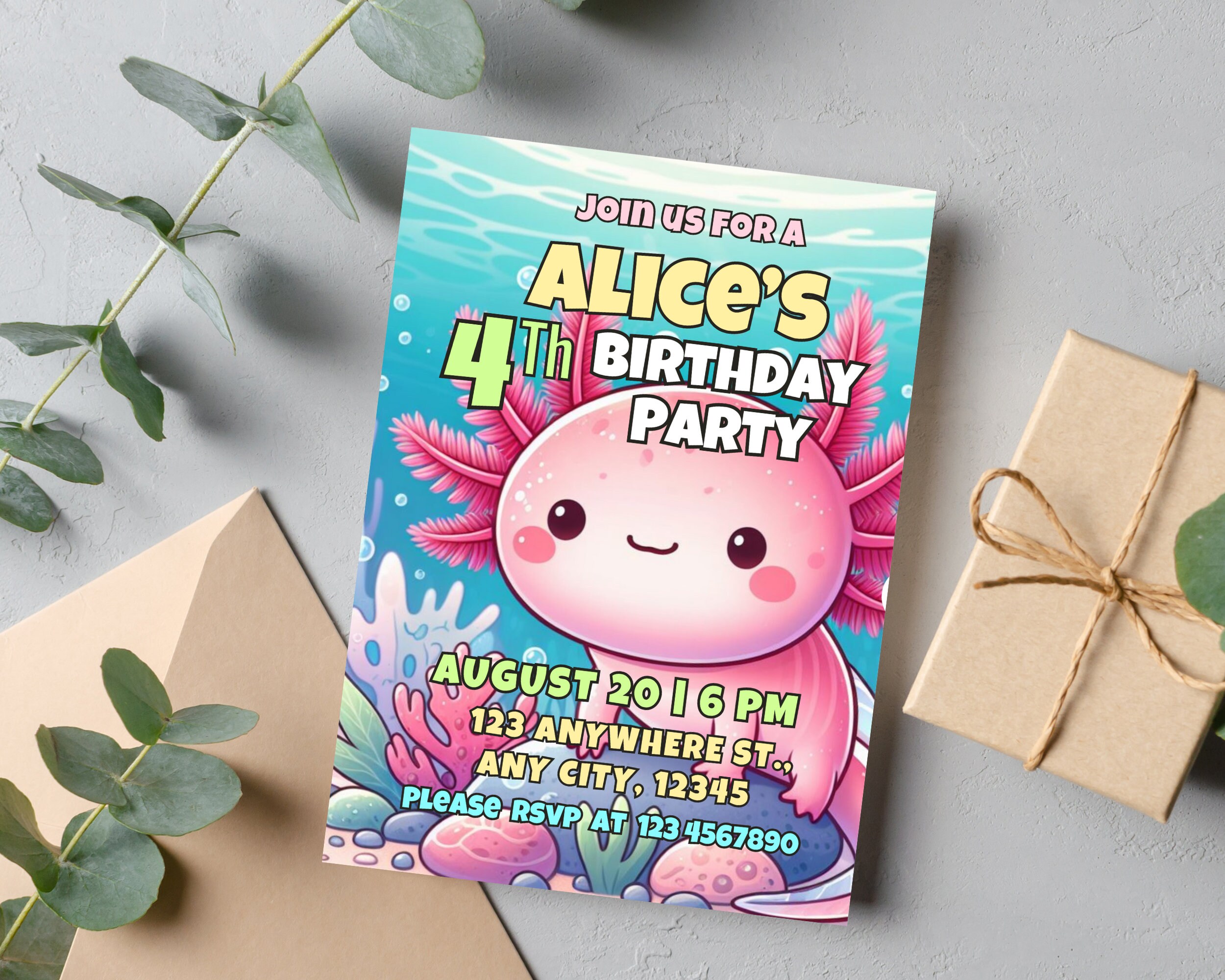 Axolotl Birthday Invitation: Editable Pink Party Template (digital) - Etsy