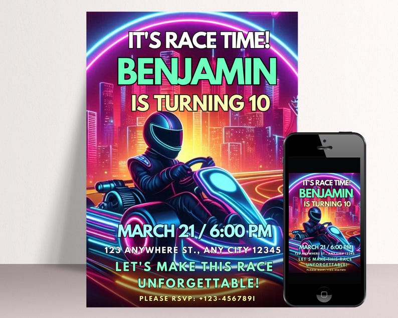 Go Kart Birthday Invitation, Printable Go Kart Party Invite, Go Karting ...