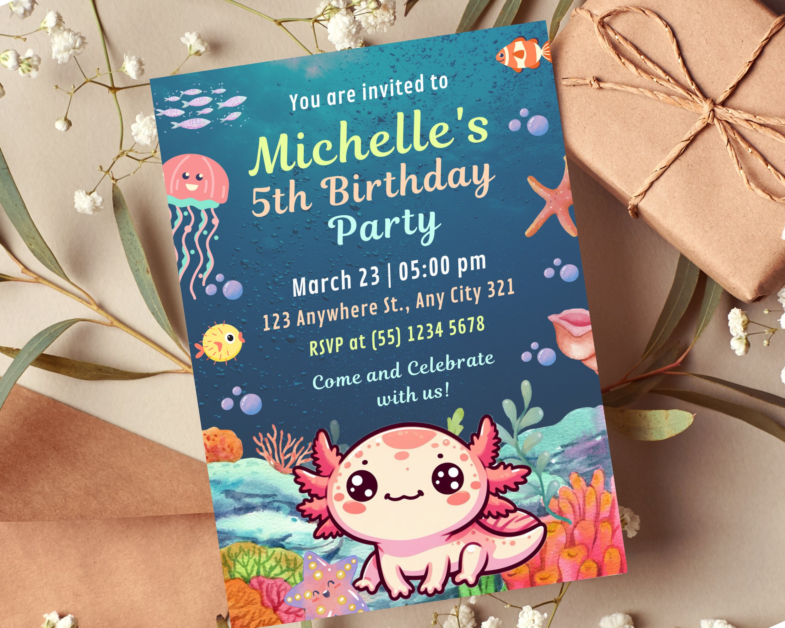 Axolotl Birthday Invitation, Editable Axolotl Birthday Invitation ...