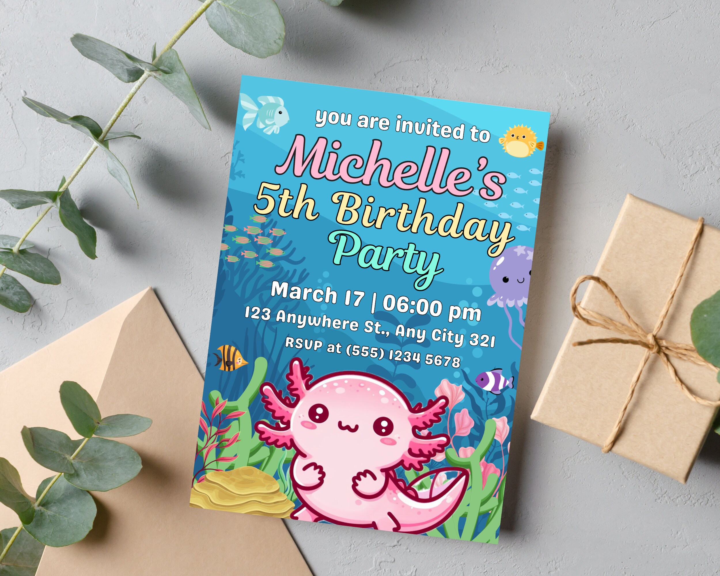 Axolotl Birthday Invitation, Editable Axolotl Birthday Party Template ...