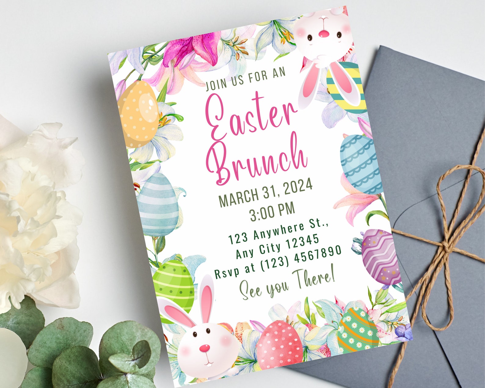 Easter Brunch Invitation, Editable Easter Floral Bunny Brunch ...