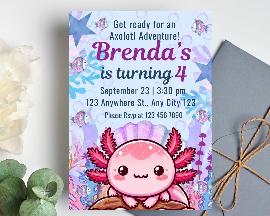 Invitación a la fiesta de cumpleaños de Axolotl, plantilla editable de ...