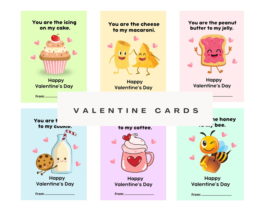 Food Valentine's Day Cards, 6 Printable Food Valentines Cards, Digital ...