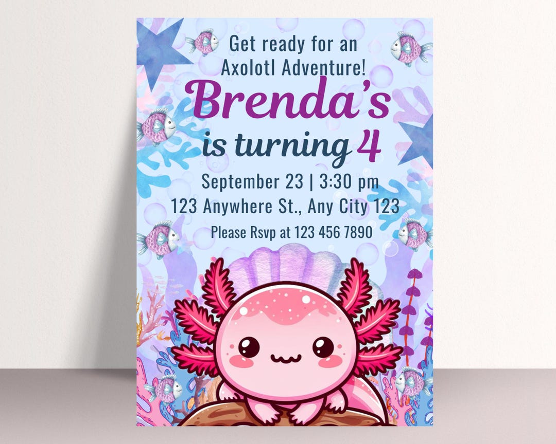 Axolotl Birthday Party Invitation, Editable Axolotl Birthday Party ...