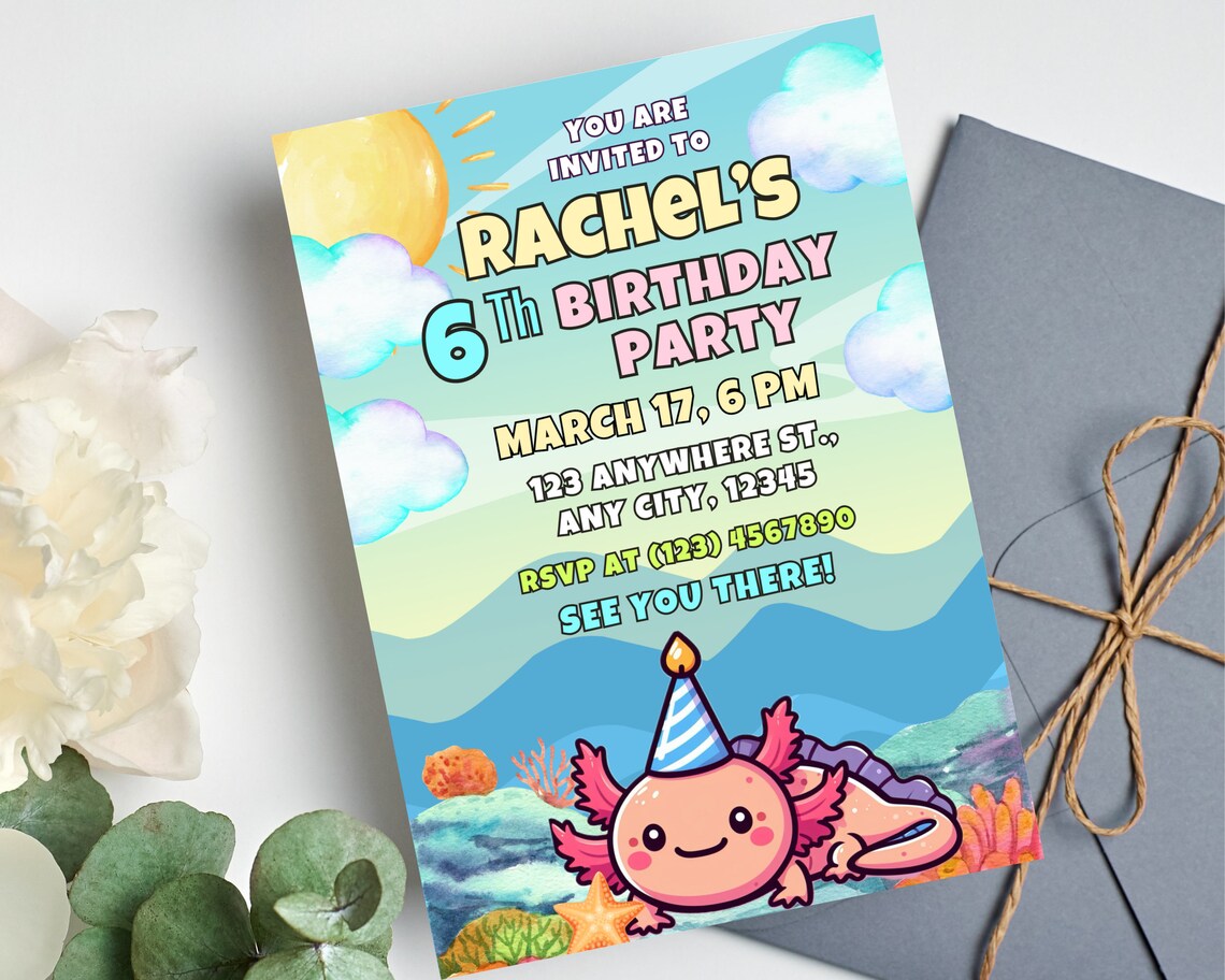 Axolotl Birthday Invitation, Editable Axolotl Birthday Invitation ...