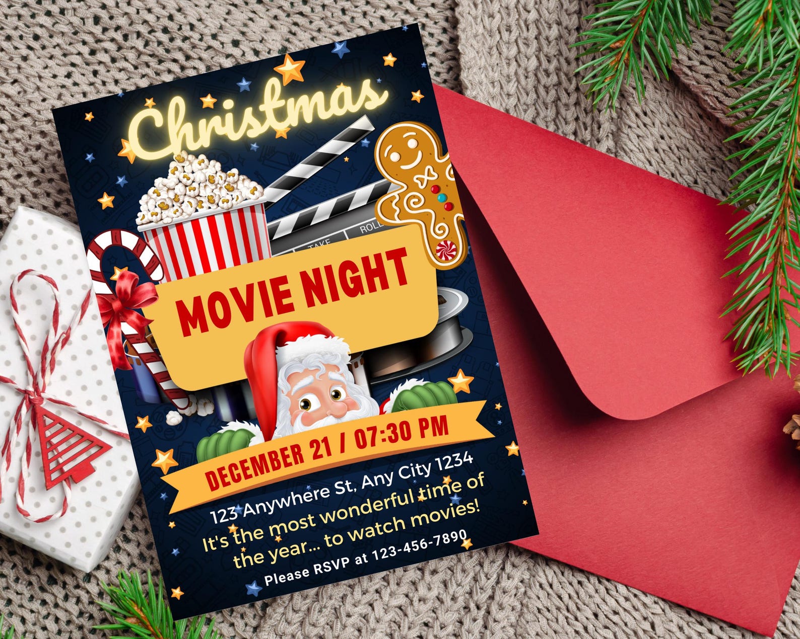 Christmas Movie Night Invitation: Editable Kids Party Invite (canva ...