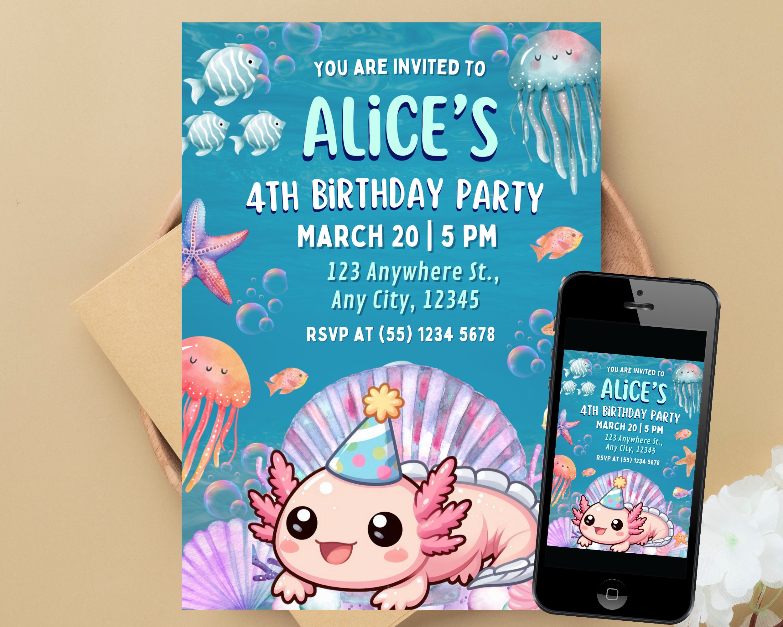 Axolotl Birthday Invitation: Editable Pink Party Template (digital) - Etsy