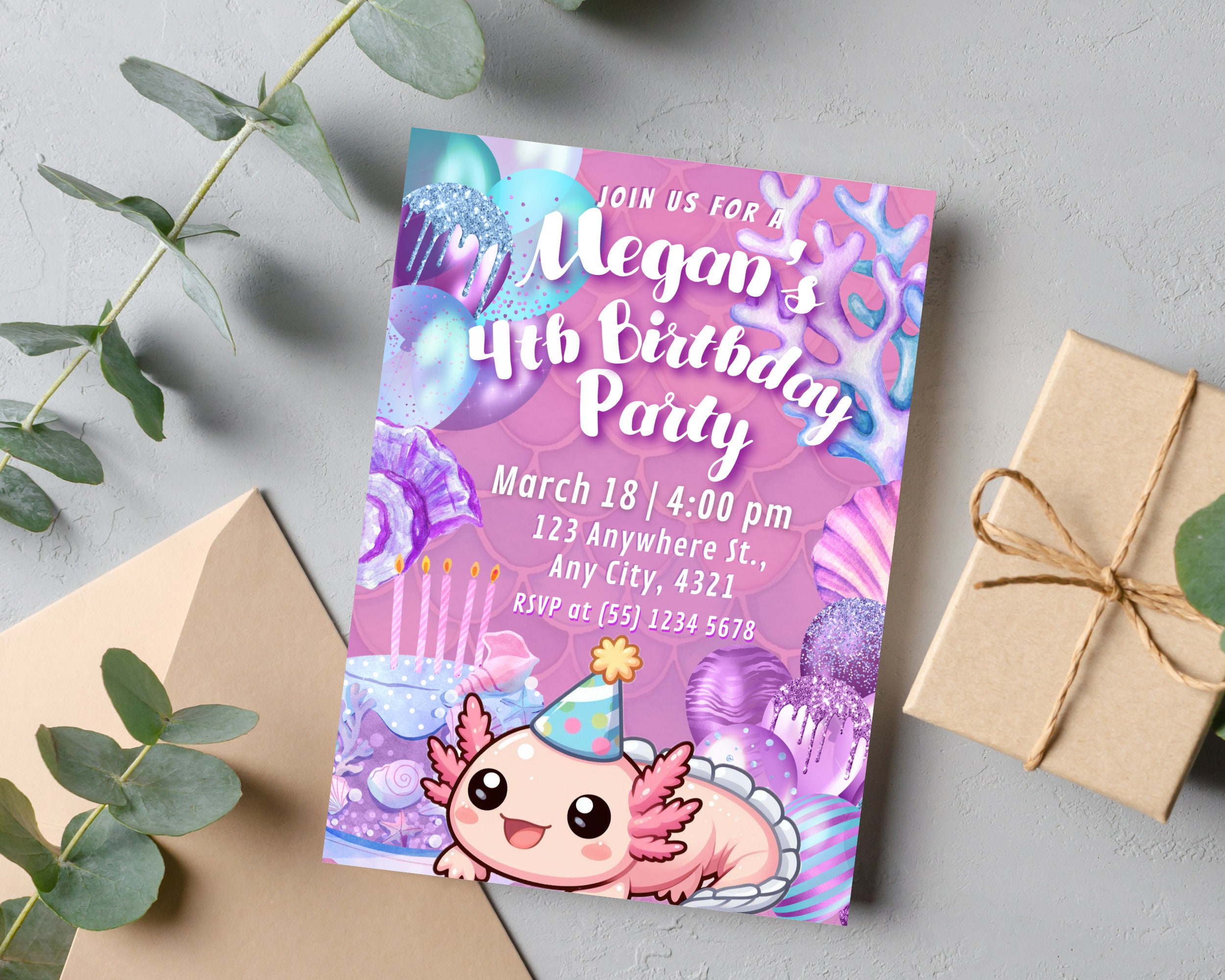 Axolotl Birthday Party Invitation: Editable Pink Girl Invite (digital ...