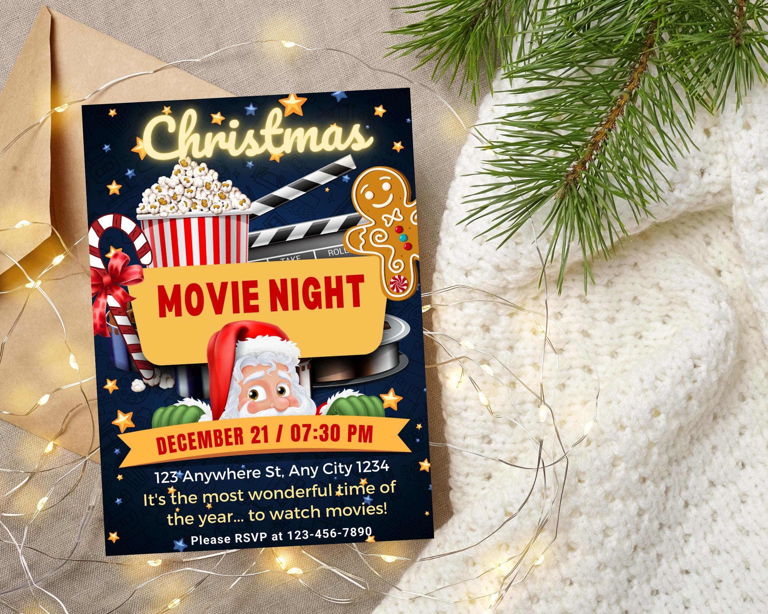 Christmas Movie Night Invitation: Editable Kids Party Invite (canva ...