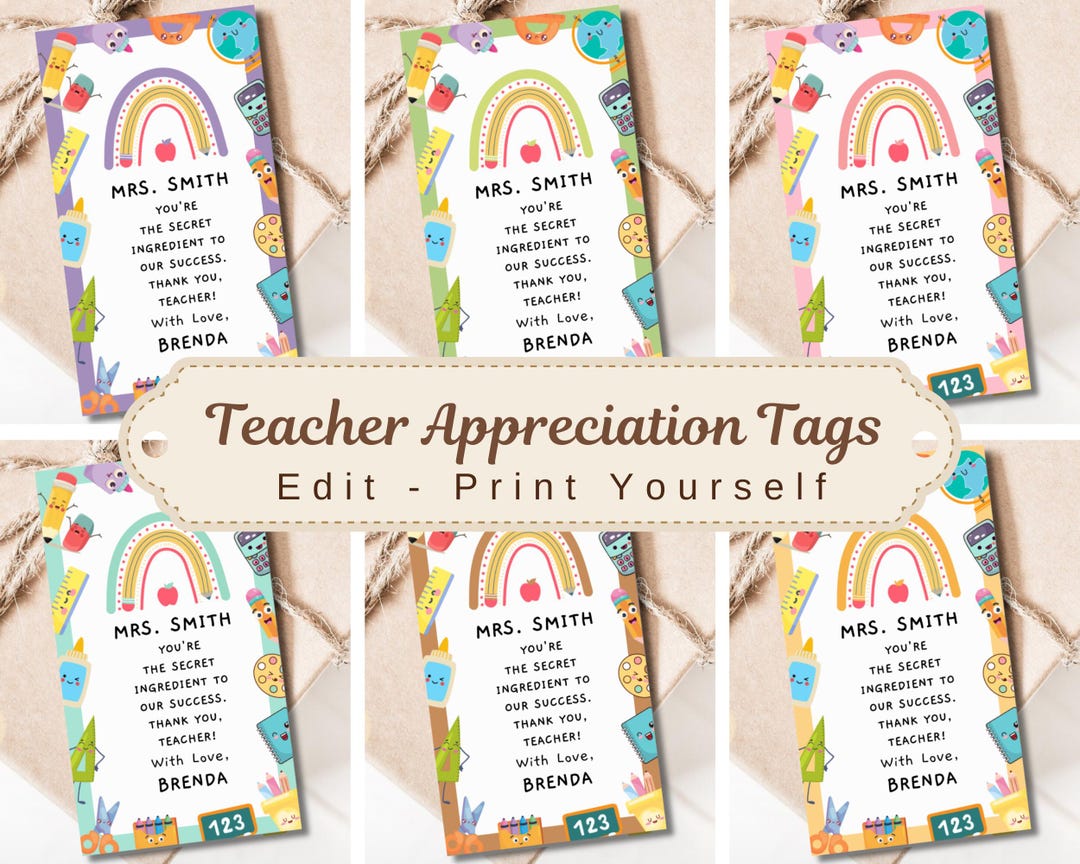 Printable Teacher Appreciation Gift Tags: Rainbow Design (digital ...