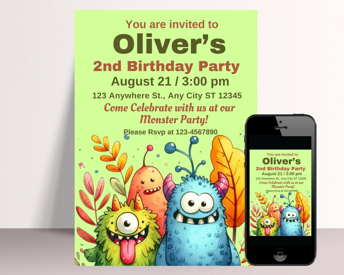 Monsters Birthday Party Invitation, Editable Little Monsters Birthday ...