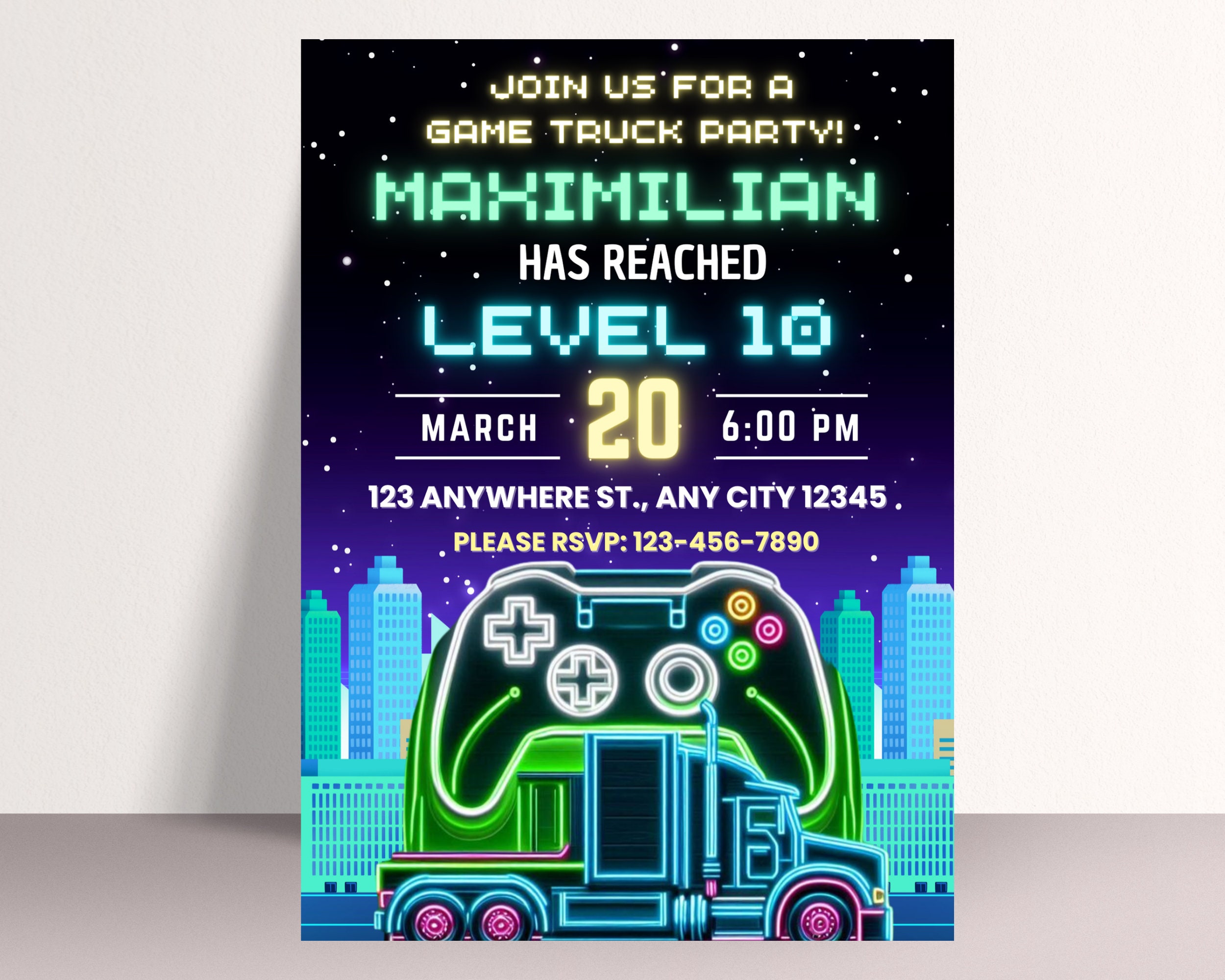 Video Game Truck Birthday Invitation, Printable Neon Gamer Truck Party ...
