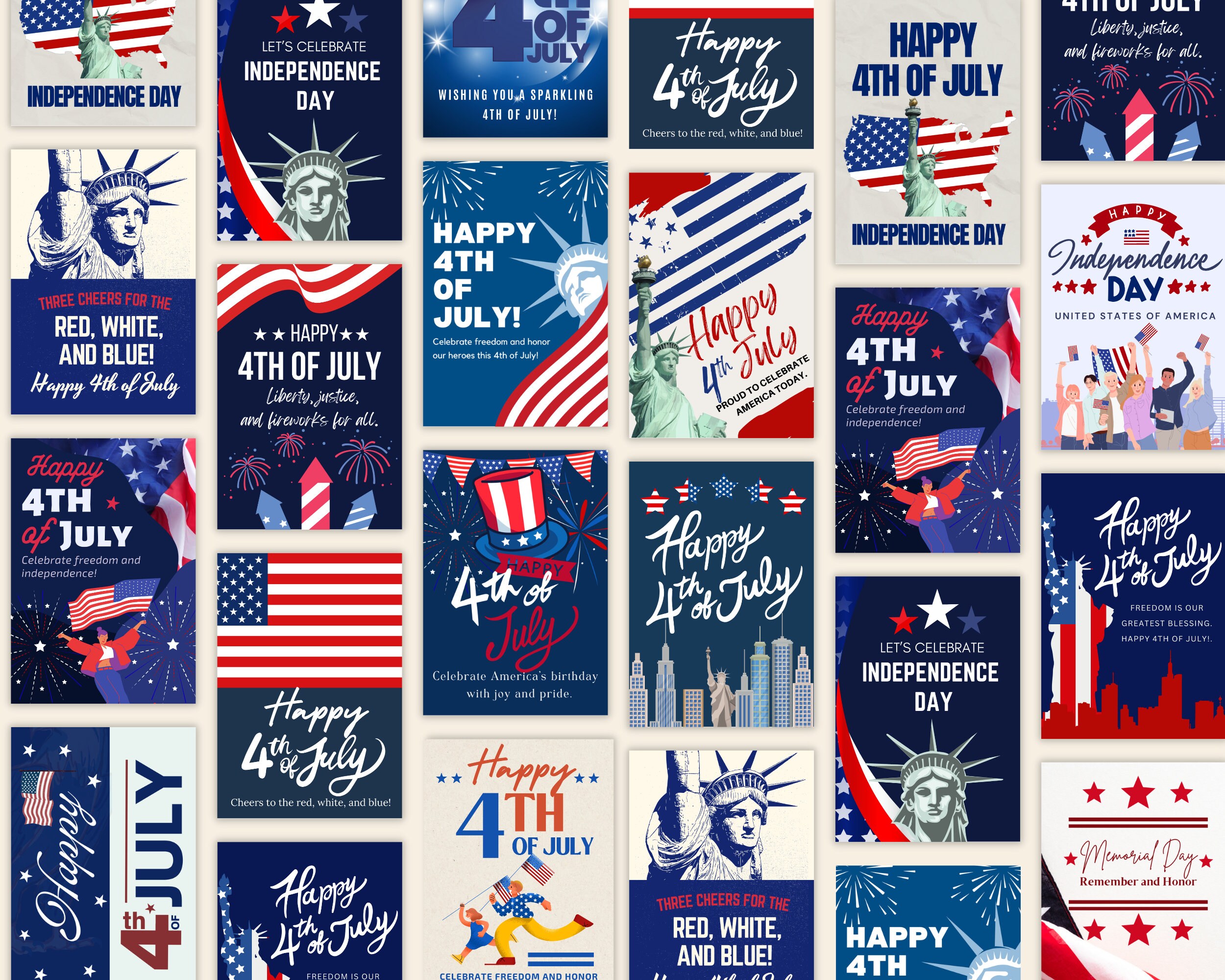 18 Happy 4th of July Printable Cards, Independence Day Card Set, 18 4th ...