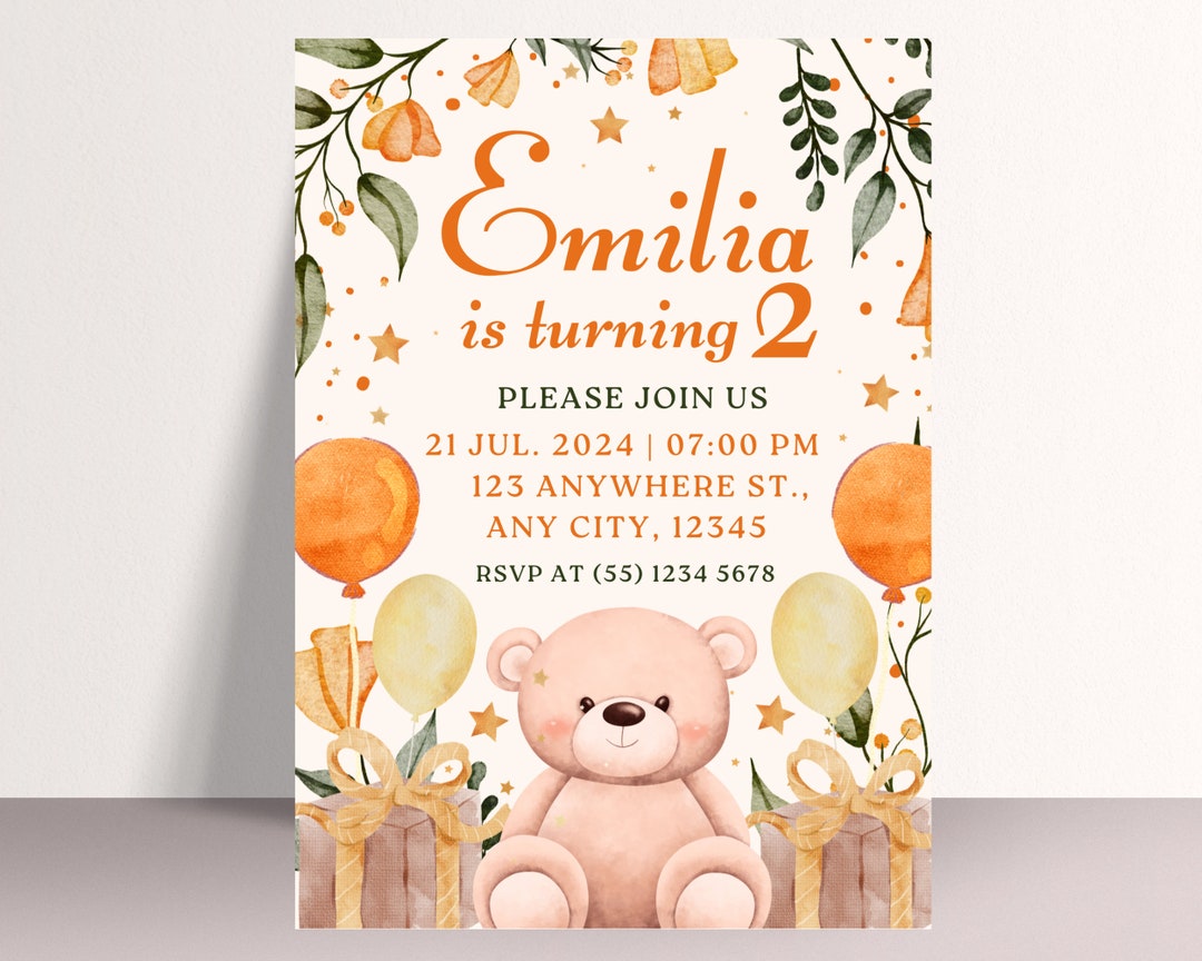 Editable Teddy Bear Birthday Invitation, Cute Teddy Bear Birthday ...