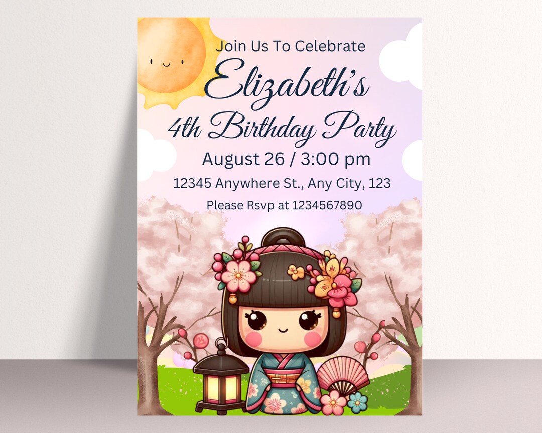 Japanese Doll Birthday Invitation, Kokeisha Doll Invitation, Editable ...