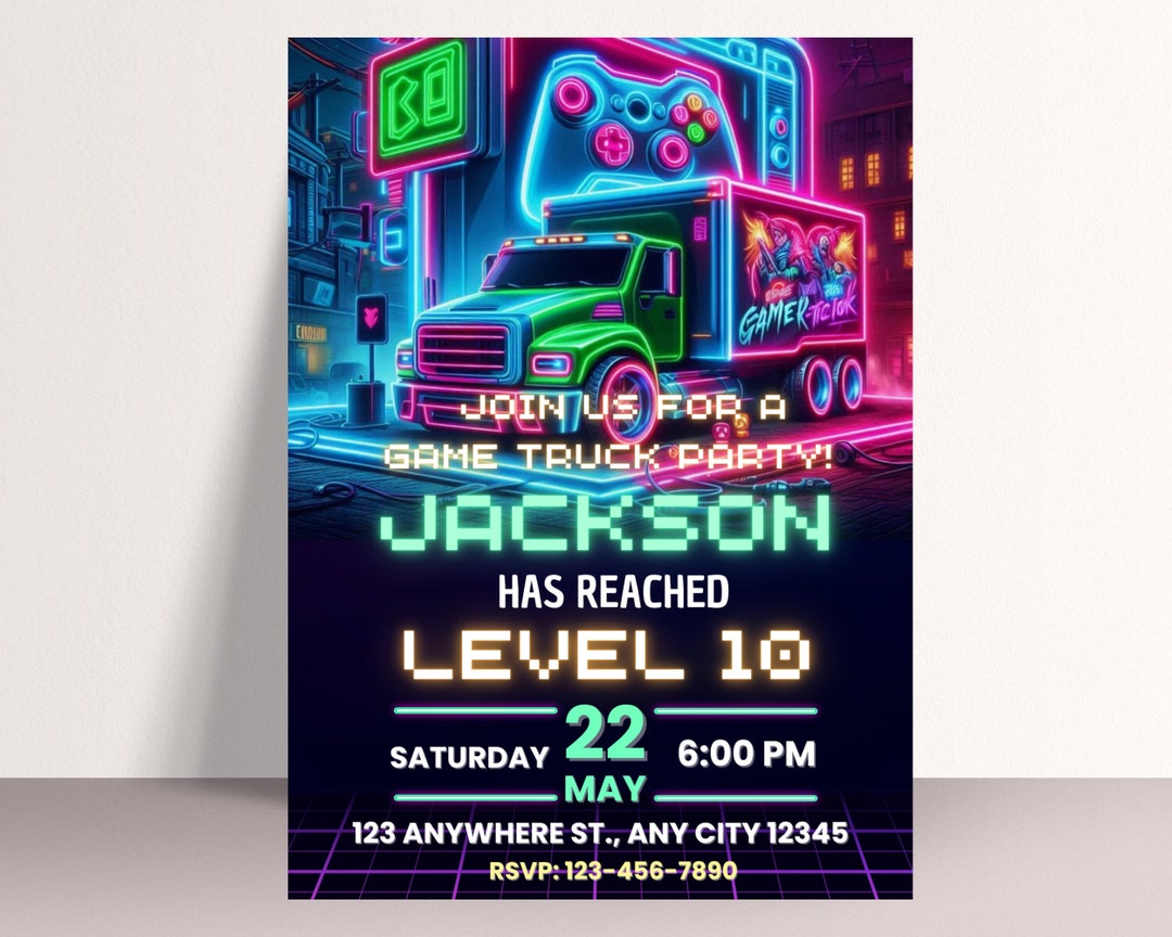 Video Game Truck Birthday Invitation, Printable Neon Gamer Truck Party ...
