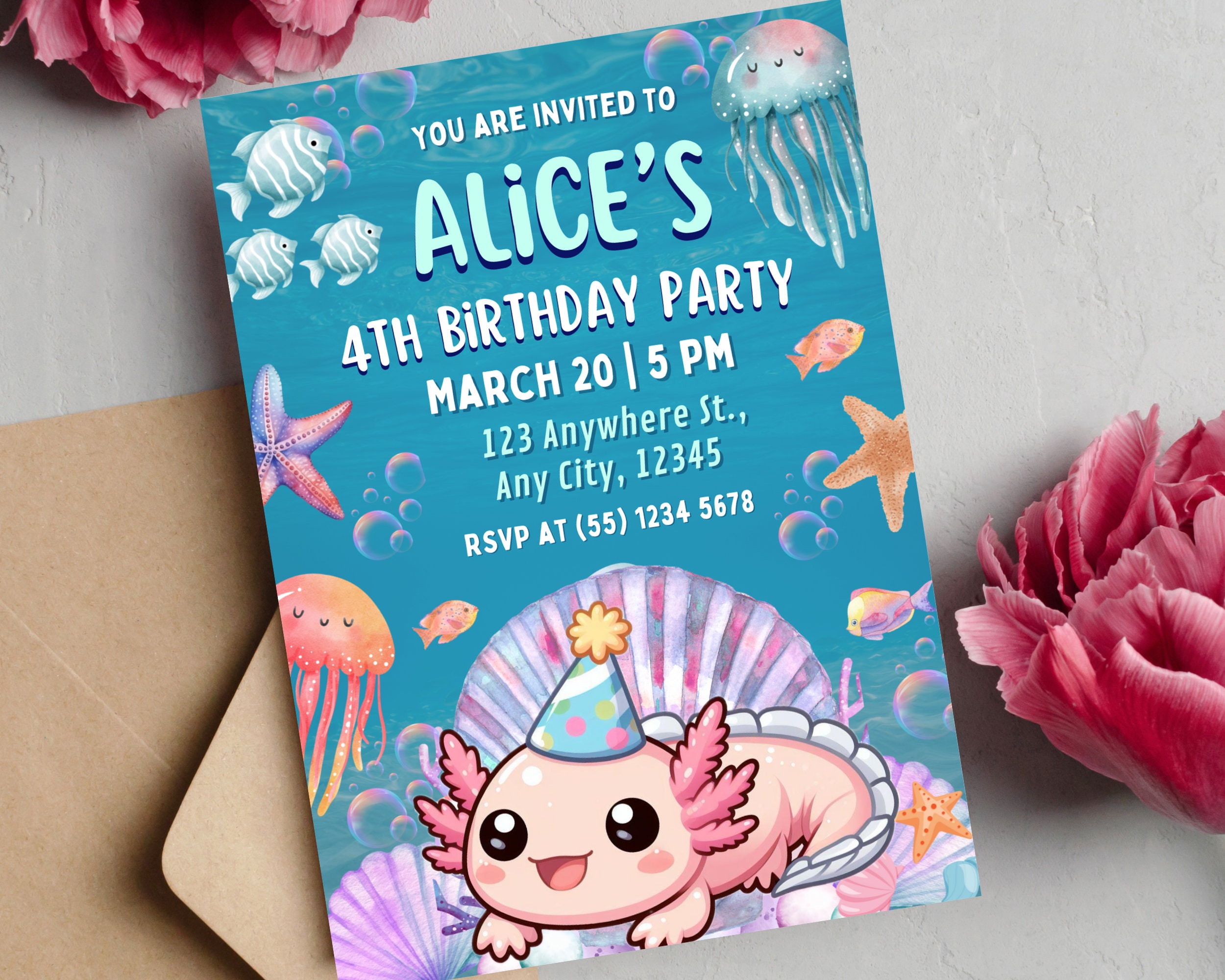 Axolotl Birthday Invitation, Editable Axolotl Birthday Party Template ...