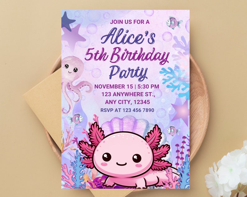 Axolotl Birthday Invitation, Editable Axolotl Birthday Invitation ...