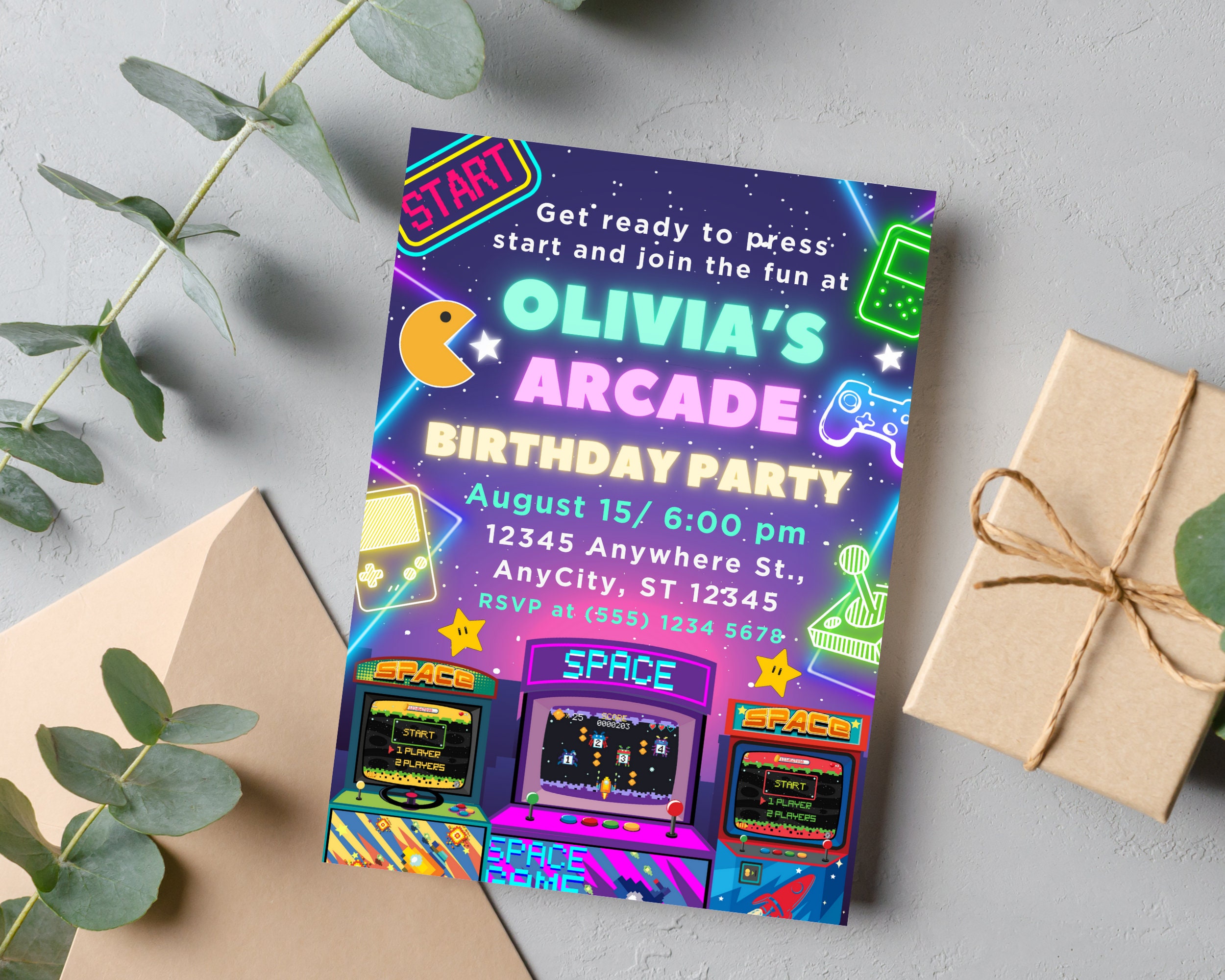 Arcade Birthday Party Invitation: Editable Neon Game Invite (digital ...