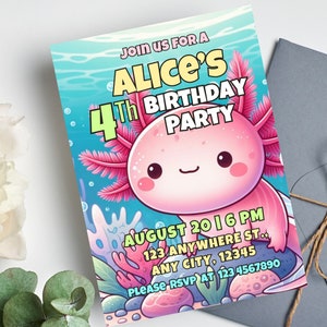 Axolotl Birthday Invitation: Editable Pink Party Template (digital) - Etsy
