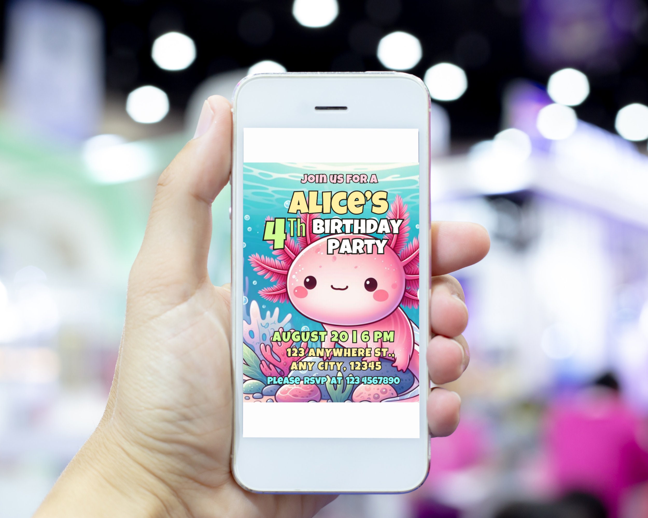 Invitación de cumpleaños de axolotl, plantilla editable para fiesta de ...