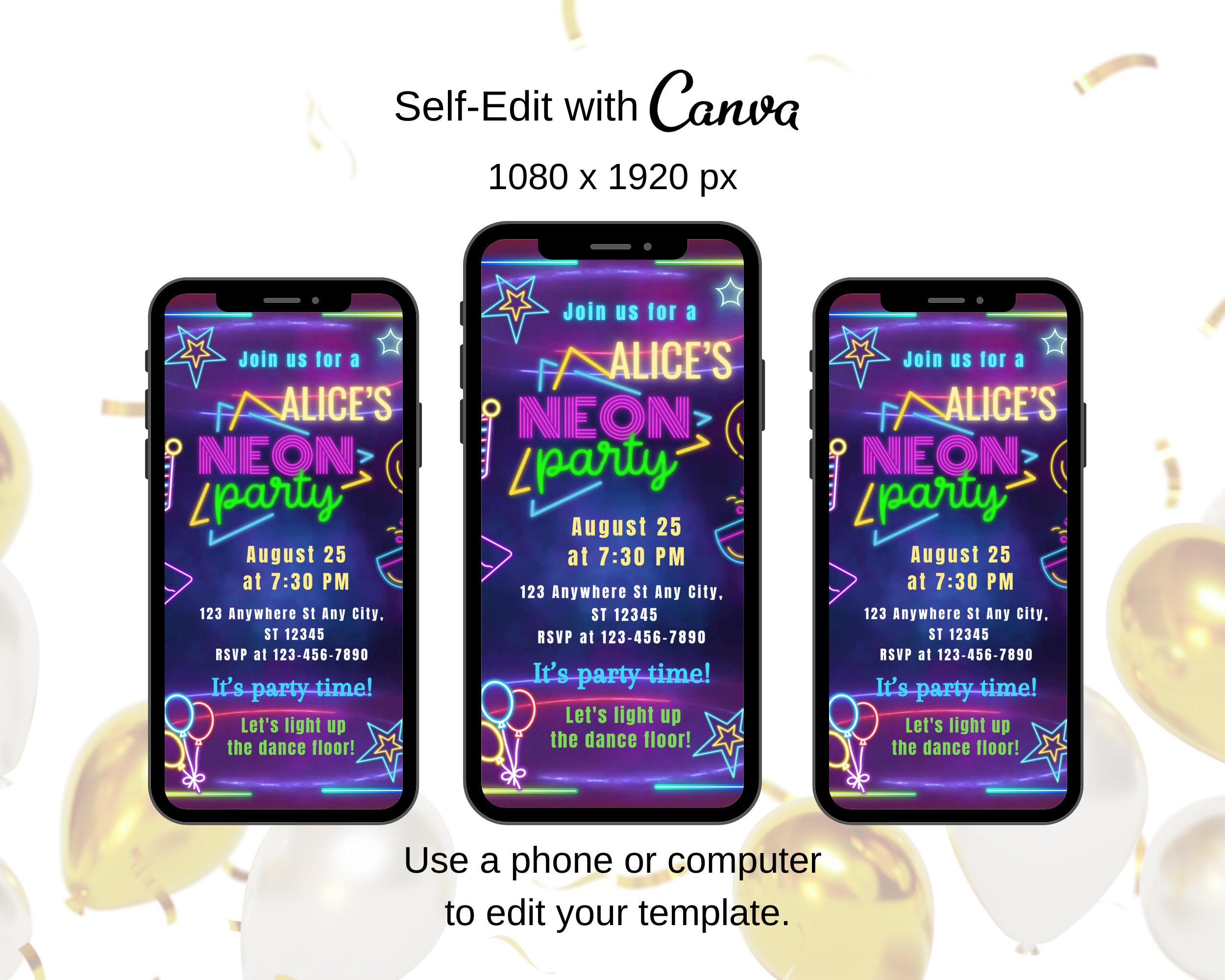 Neon Birthday Party Video Invitation, Editable Neon Glow Party Invite ...