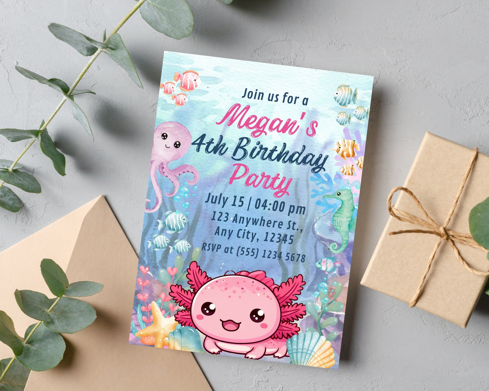 Axolotl Birthday Invitation, Editable Axolotl Birthday Invitation ...