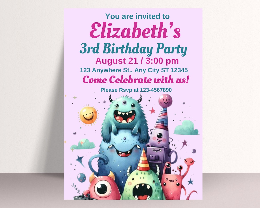 Monsters Birthday Party Invitation, Editable Little Monsters Birthday ...