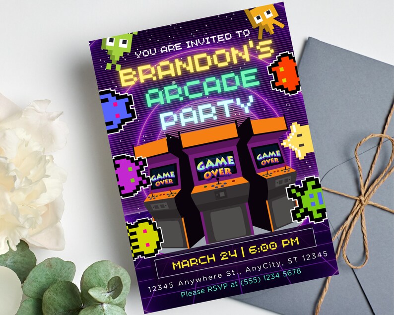 Arcade Birthday Party Invitation: Neon Gaming Invite (editable Canva ...