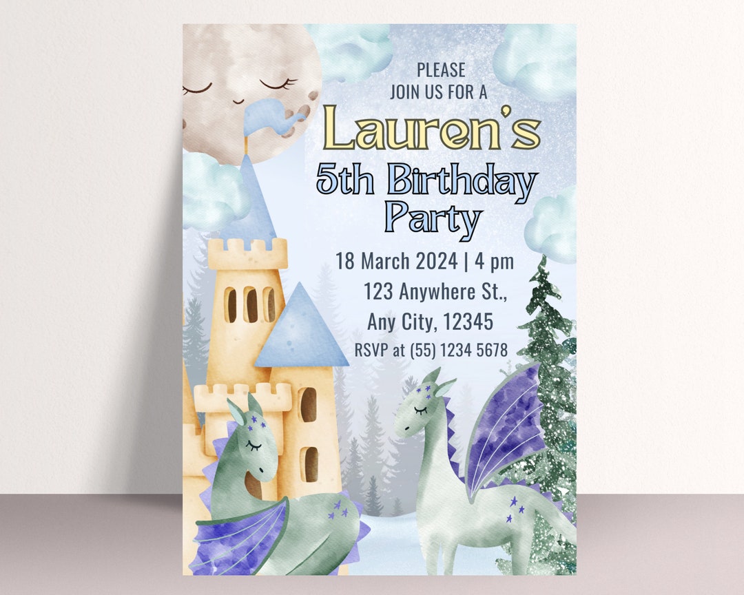 Girl Dragon Birthday Invitation: Editable Castle Party Invite (digital ...