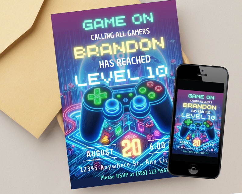 Editable Neon Video Game Birthday Party Invitation (digital Download ...