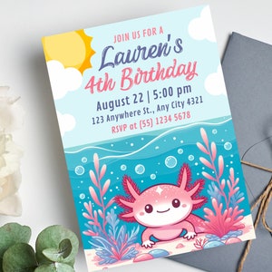 Axolotl Birthday Invitation, Editable Axolotl Birthday Party Template ...