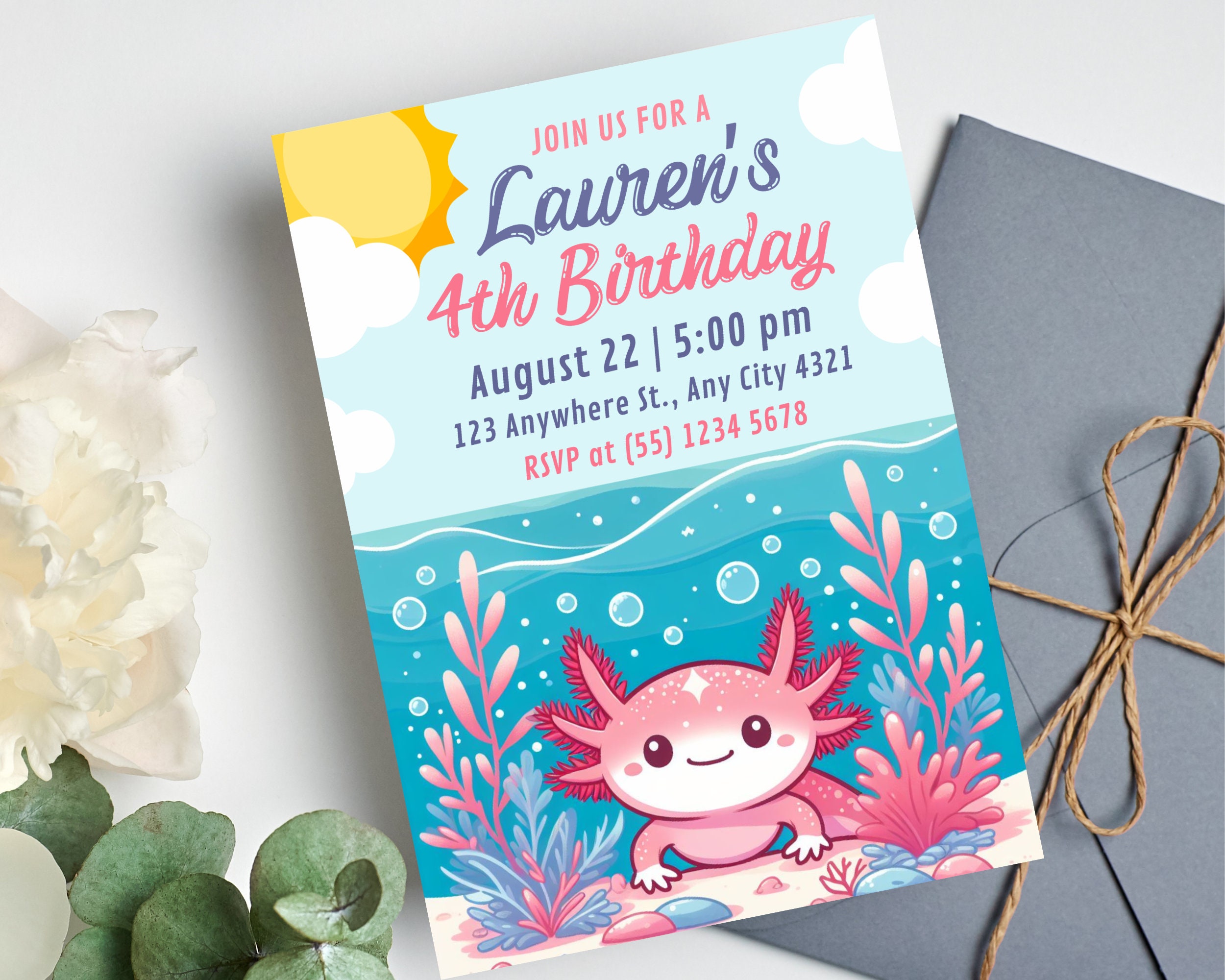 Axolotl Birthday Invitation, Editable Axolotl Birthday Party Template ...