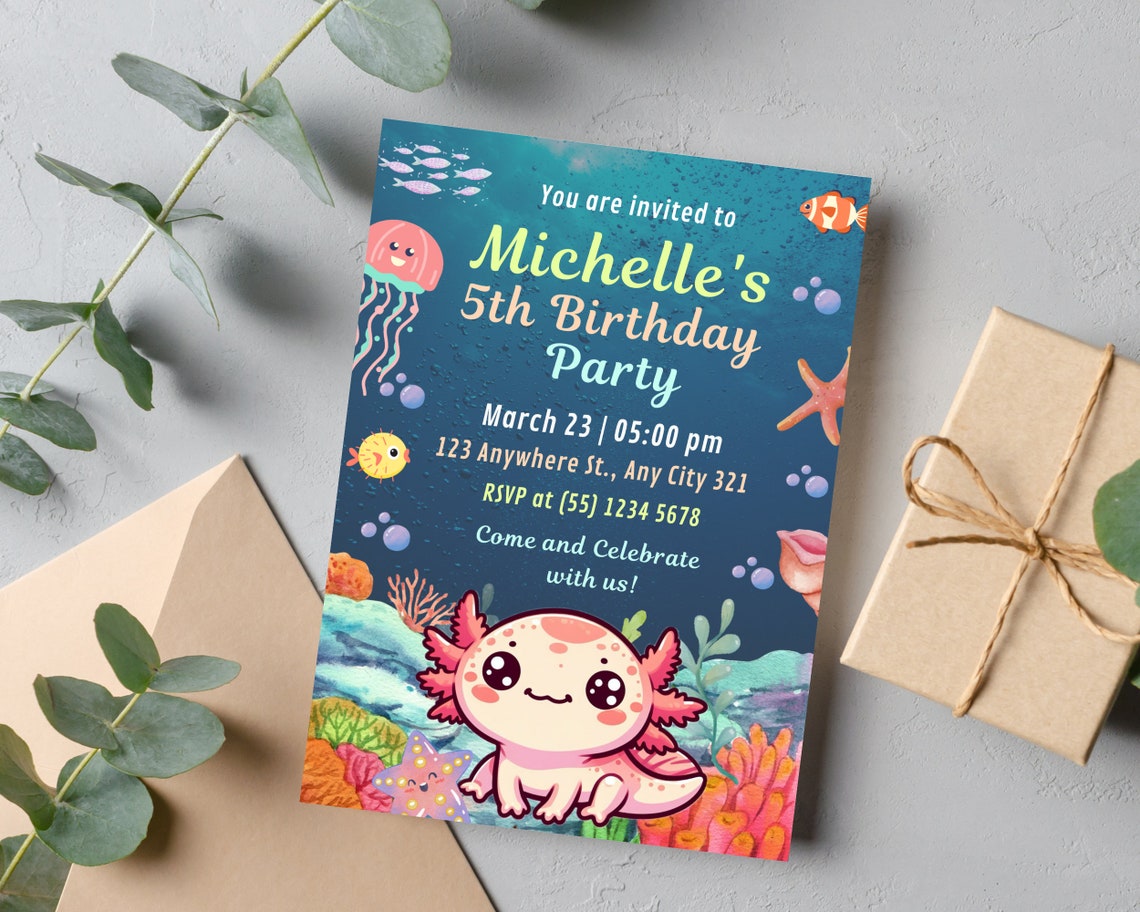 Axolotl Birthday Invitation, Editable Axolotl Birthday Invitation ...
