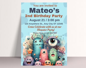 Monsters Birthday Party Invitation, Editable Little Monsters Birthday ...