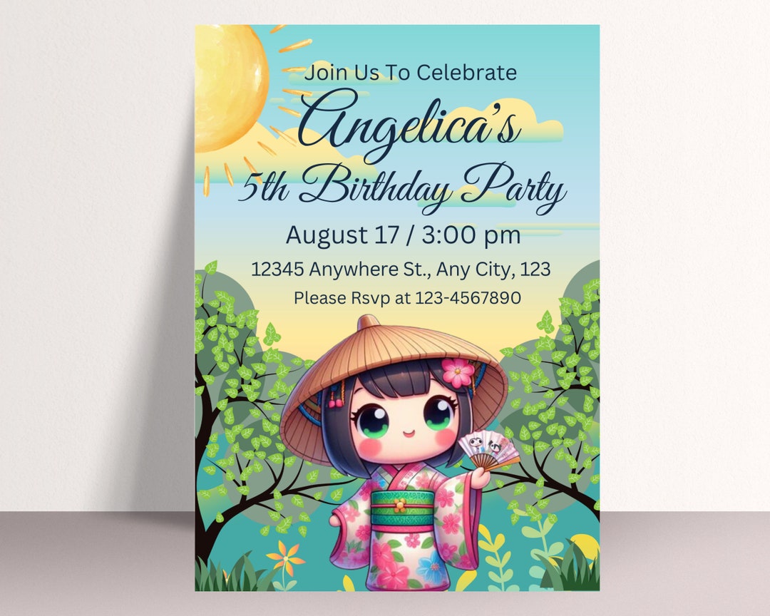 Japanese Doll Birthday Invitation: Editable Cherry Blossom Geisha ...