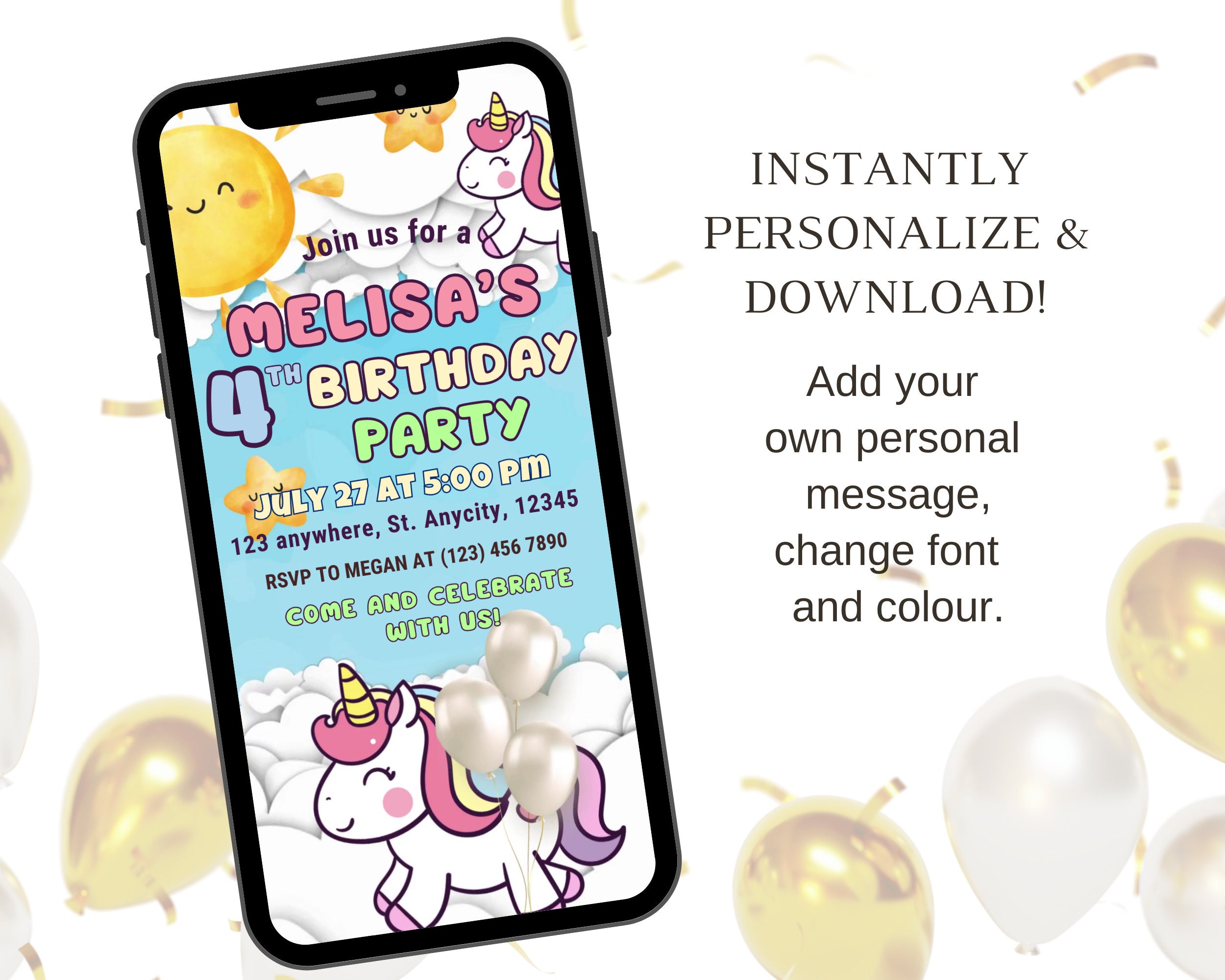Unicorn Birthday Video Invitation: Editable Rainbow Party Invite ...