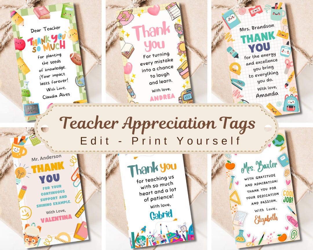 Printable Teacher Appreciation Gift Tags: Thank You Designs (digital ...