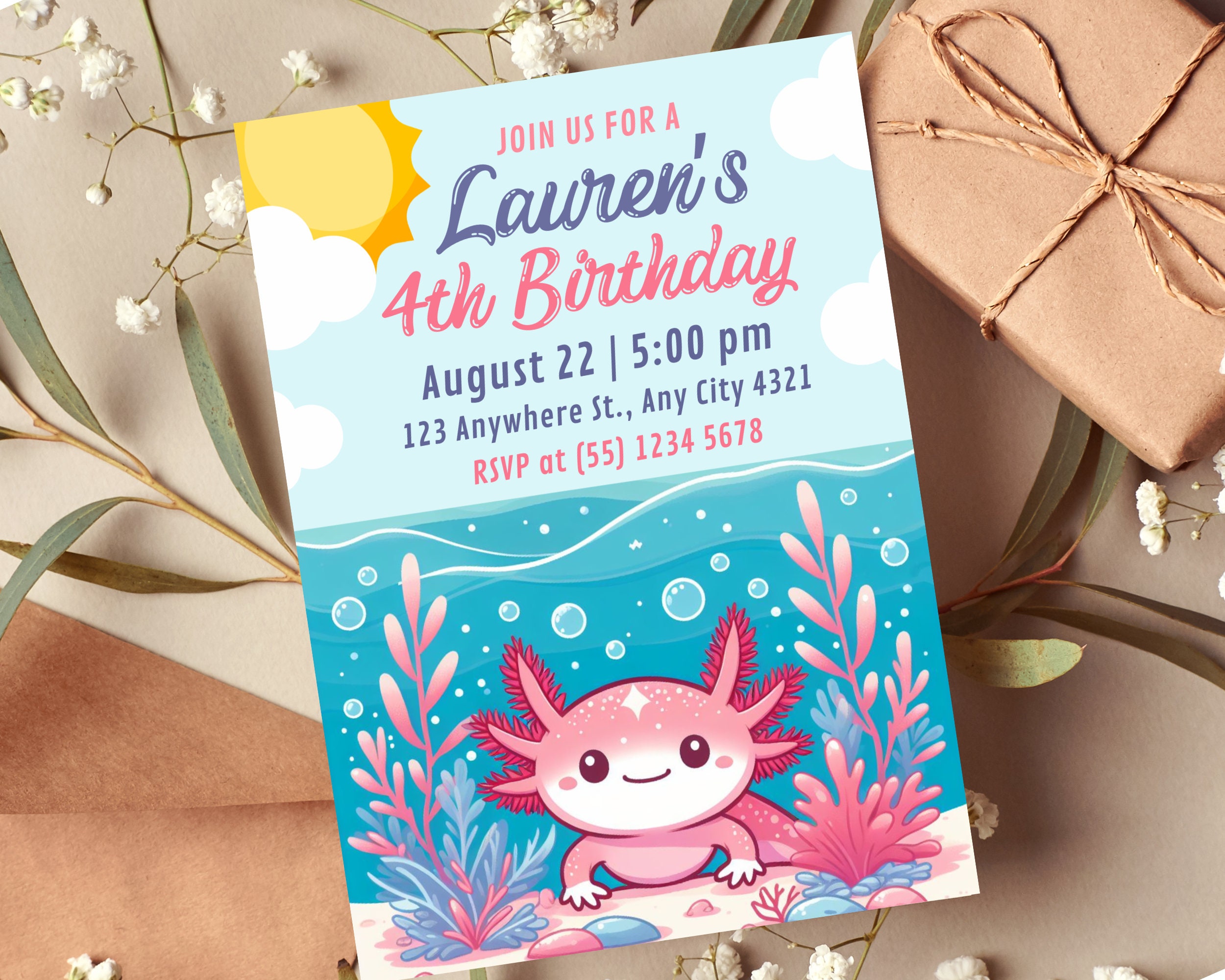 Axolotl Birthday Invitation, Editable Axolotl Birthday Party Template ...