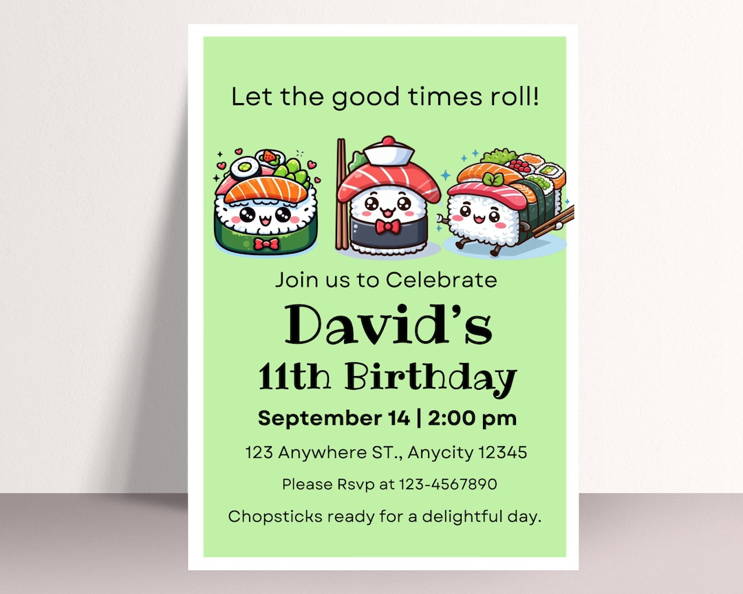 Sushi Birthday Invitation, Editable Kawaii Sushi Birthday Invite, Sushi ...
