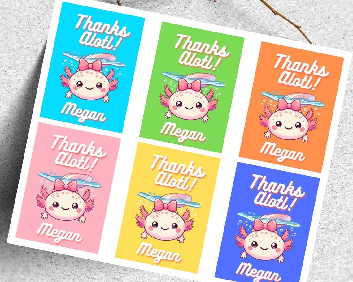 Axolotl Thank You Tags, Girl Axolotl Favor Tags, Axolotl Birthday Party ...