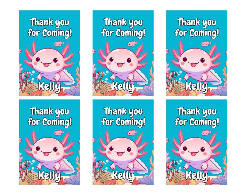 Axolotl Thank You Tags, Girl Axolotl Favor Tags, Axolotl Birthday Party ...