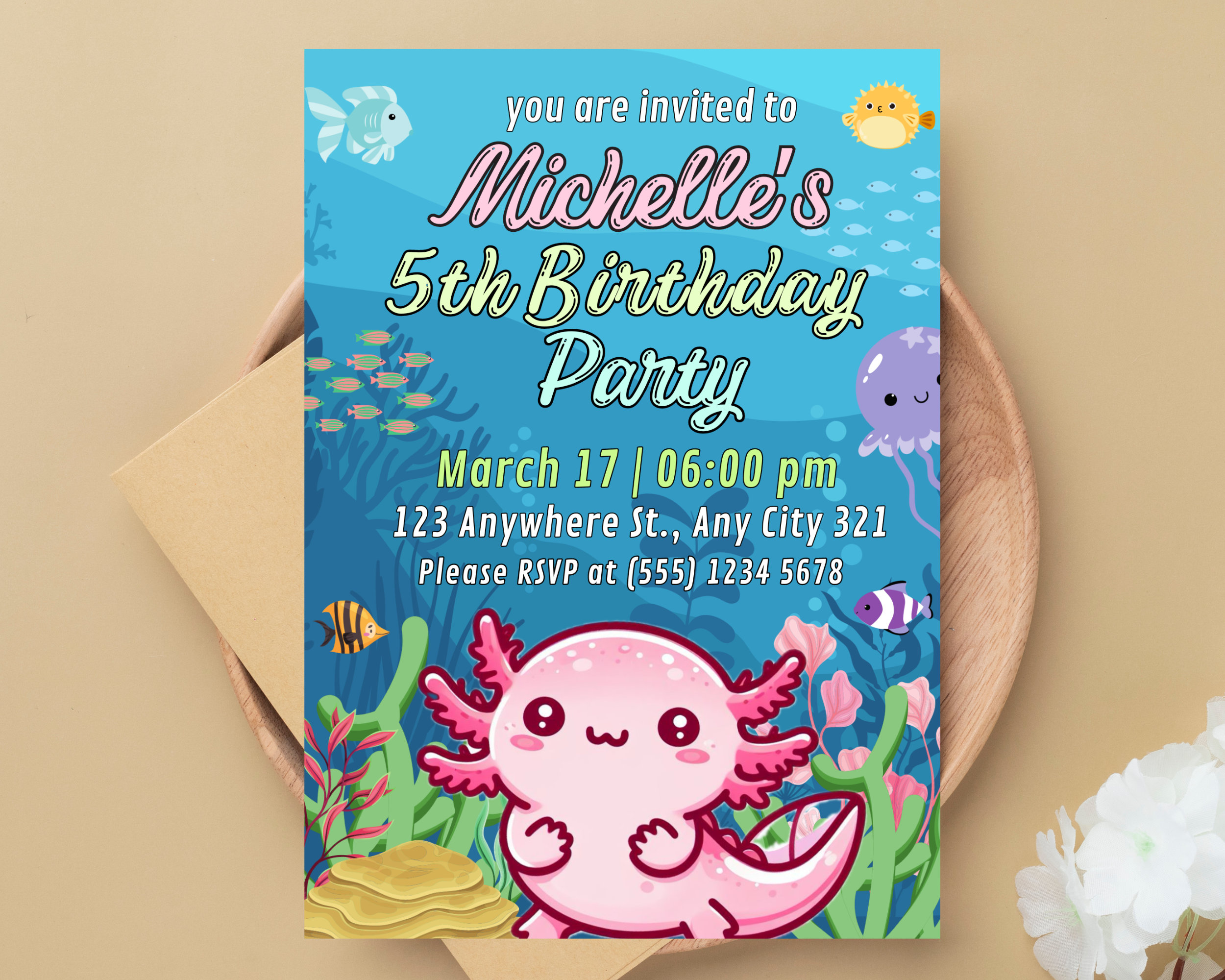 Axolotl Birthday Invitation, Editable Axolotl Birthday Party Template ...