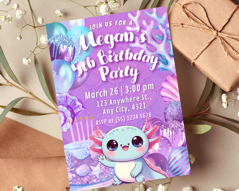 Invitación de cumpleaños de Axolotl, plantilla de fiesta de cumpleaños ...